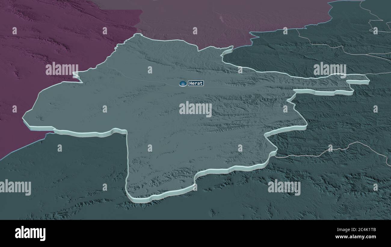 Zoom in on Herat (province of Afghanistan) extruded. Oblique ...