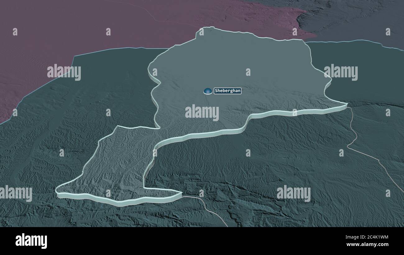Zoom in on Jowzjan (province of Afghanistan) extruded. Oblique ...