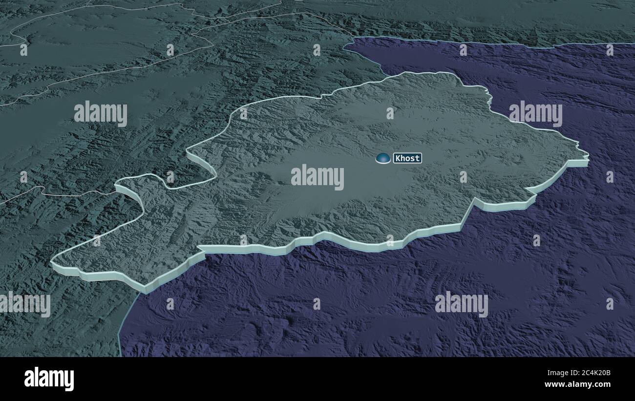 Zoom in on Khost (province of Afghanistan) extruded. Oblique ...
