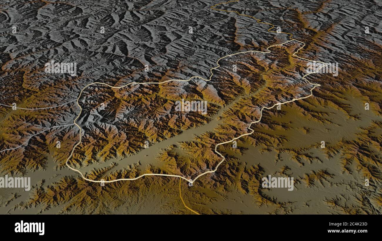 Zoom in on Kunar (province of Afghanistan) outlined. Oblique ...