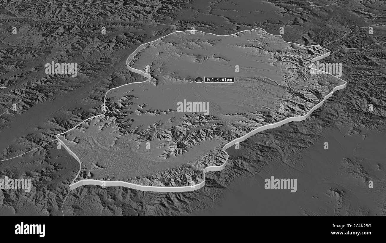 Zoom in on Logar (province of Afghanistan) extruded. Oblique ...