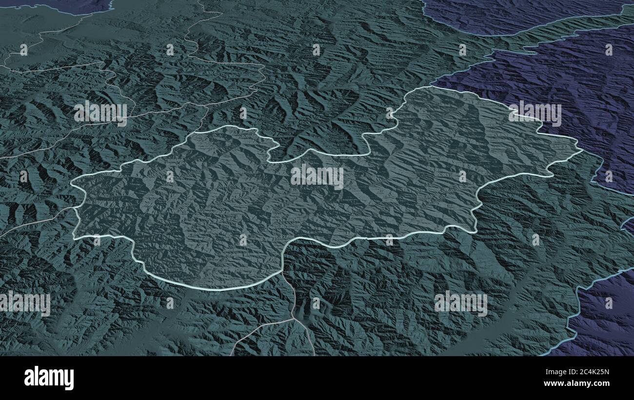 Zoom in on Nuristan (province of Afghanistan) outlined. Oblique ...