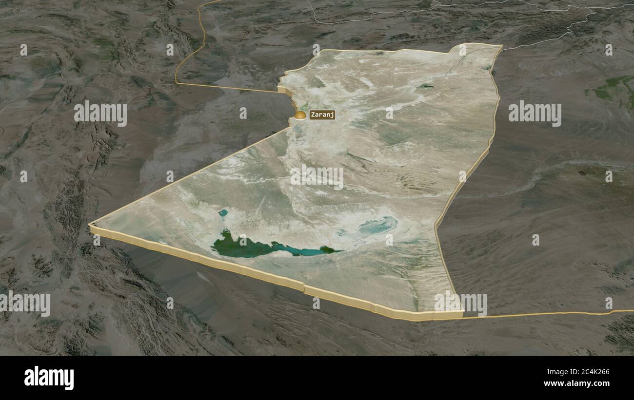 Zoom in on Nimruz (province of Afghanistan) extruded. Oblique ...