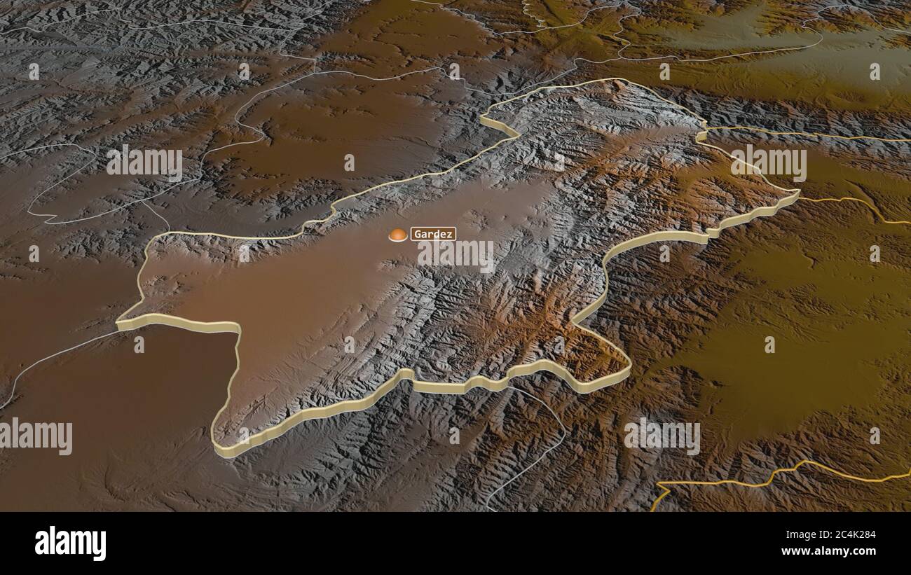 Zoom in on Paktia (province of Afghanistan) extruded. Oblique ...