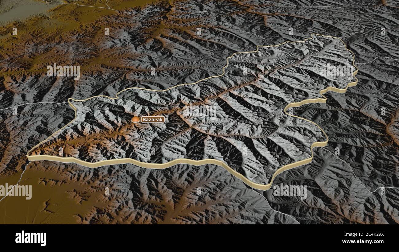 Zoom in on Panjshir (province of Afghanistan) extruded. Oblique ...