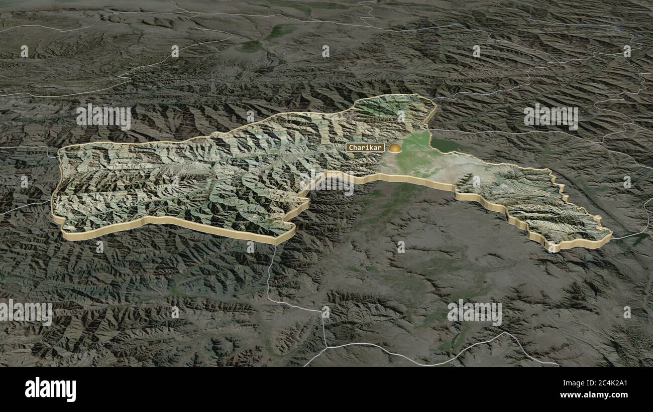 Zoom in on Parwan (province of Afghanistan) extruded. Oblique ...