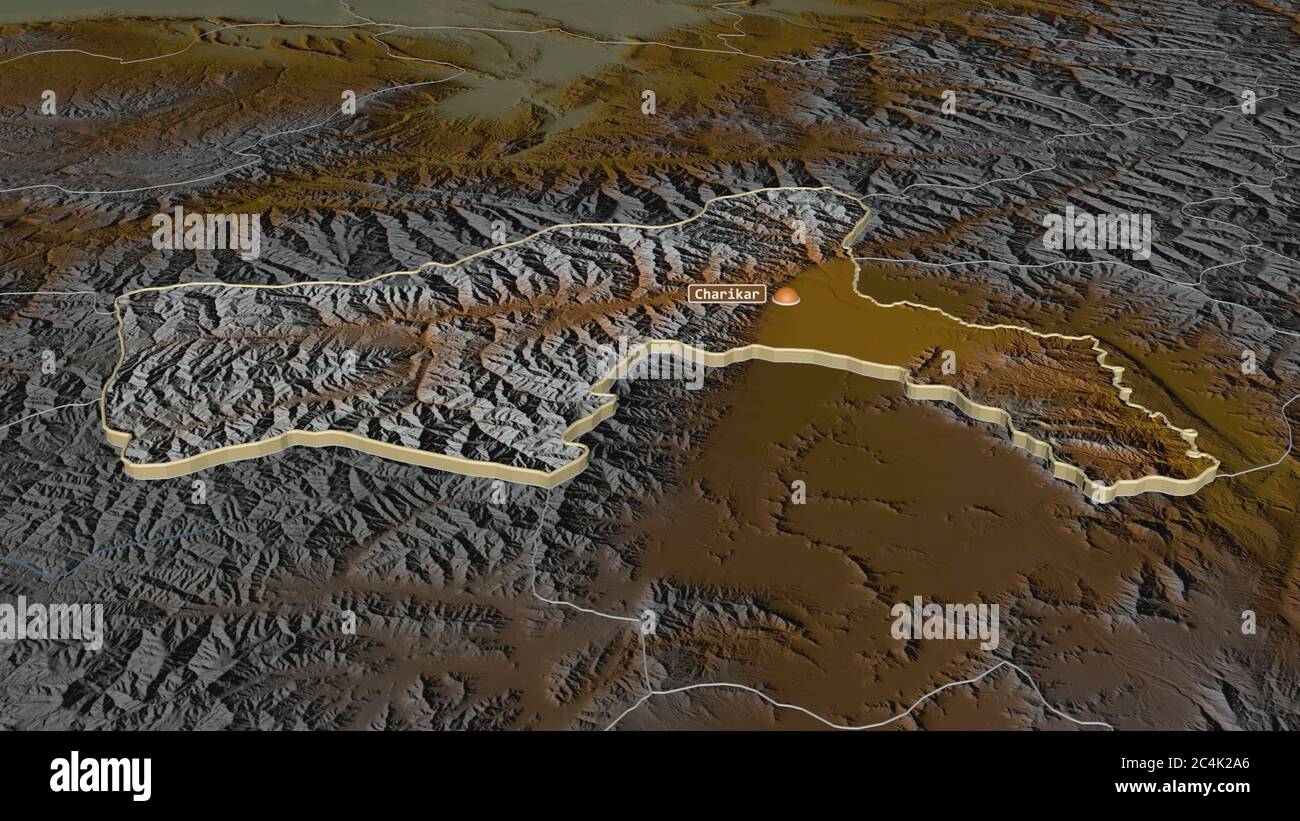 Zoom in on Parwan (province of Afghanistan) extruded. Oblique ...