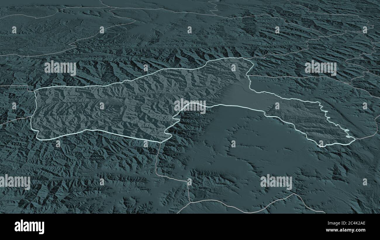 Zoom in on Parwan (province of Afghanistan) outlined. Oblique ...