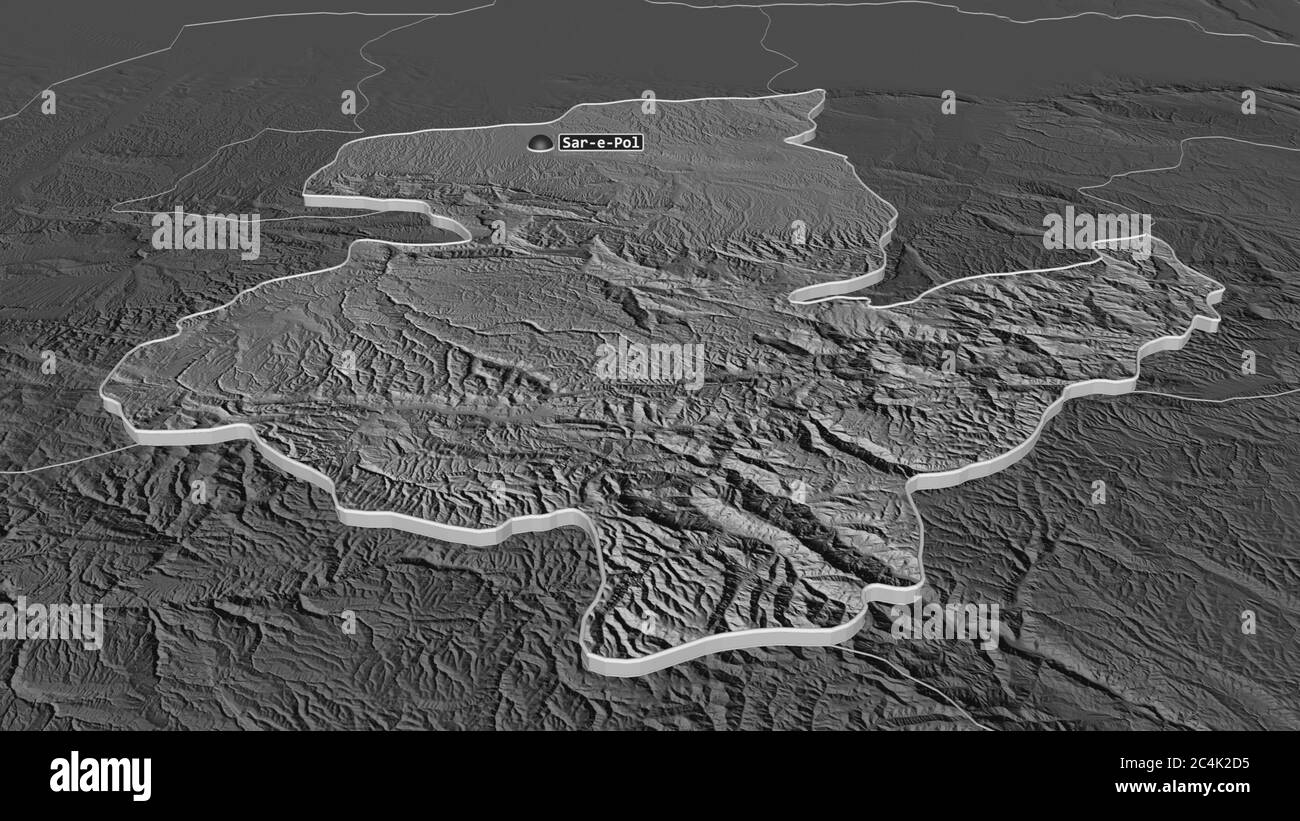 Zoom in on Sar-e-Pol (province of Afghanistan) extruded. Oblique ...