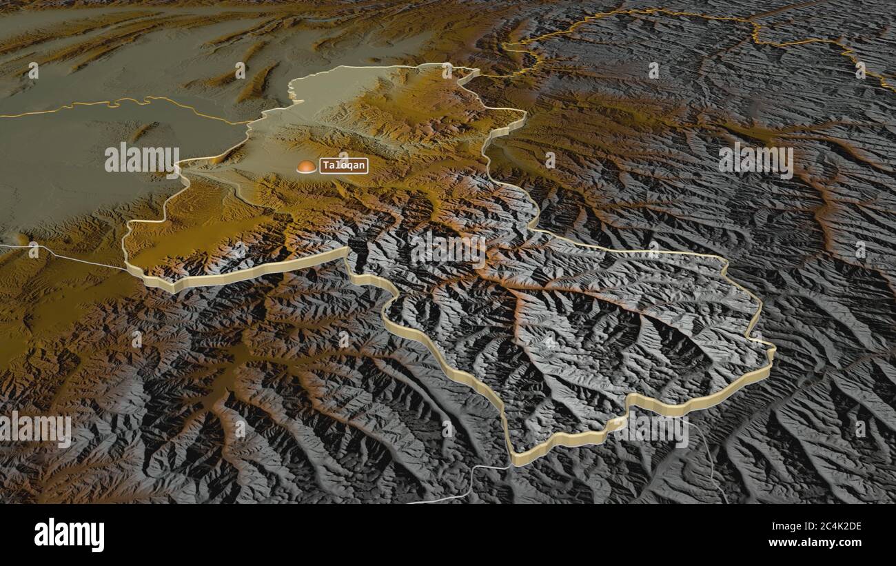 Zoom in on Takhar (province of Afghanistan) extruded. Oblique ...