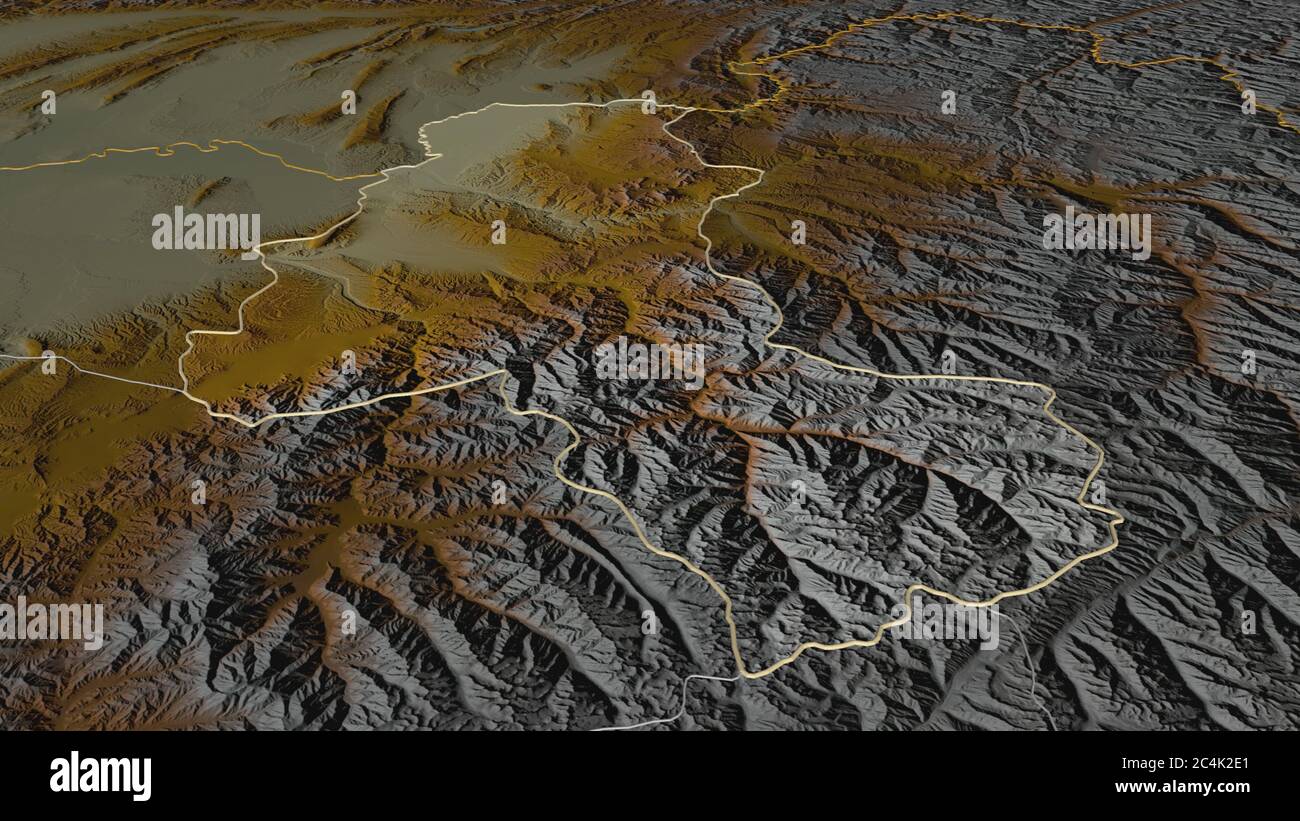 Zoom in on Takhar (province of Afghanistan) outlined. Oblique ...