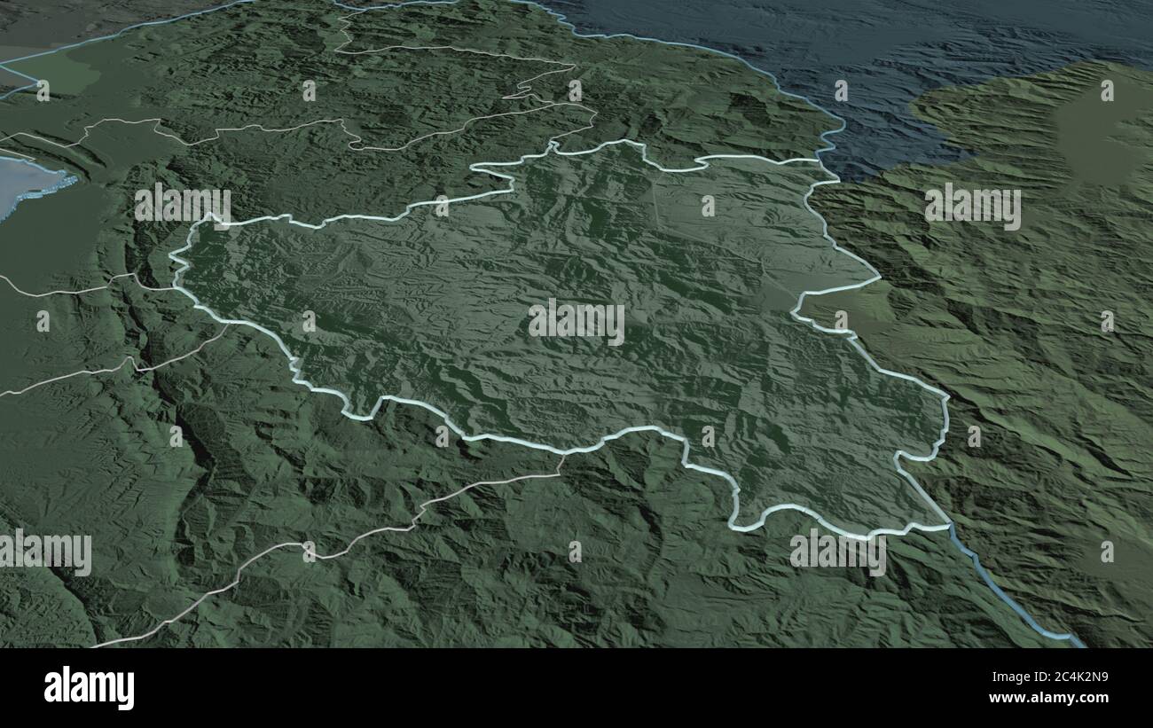 Zoom in on Dibër (county of Albania) outlined. Oblique perspective ...