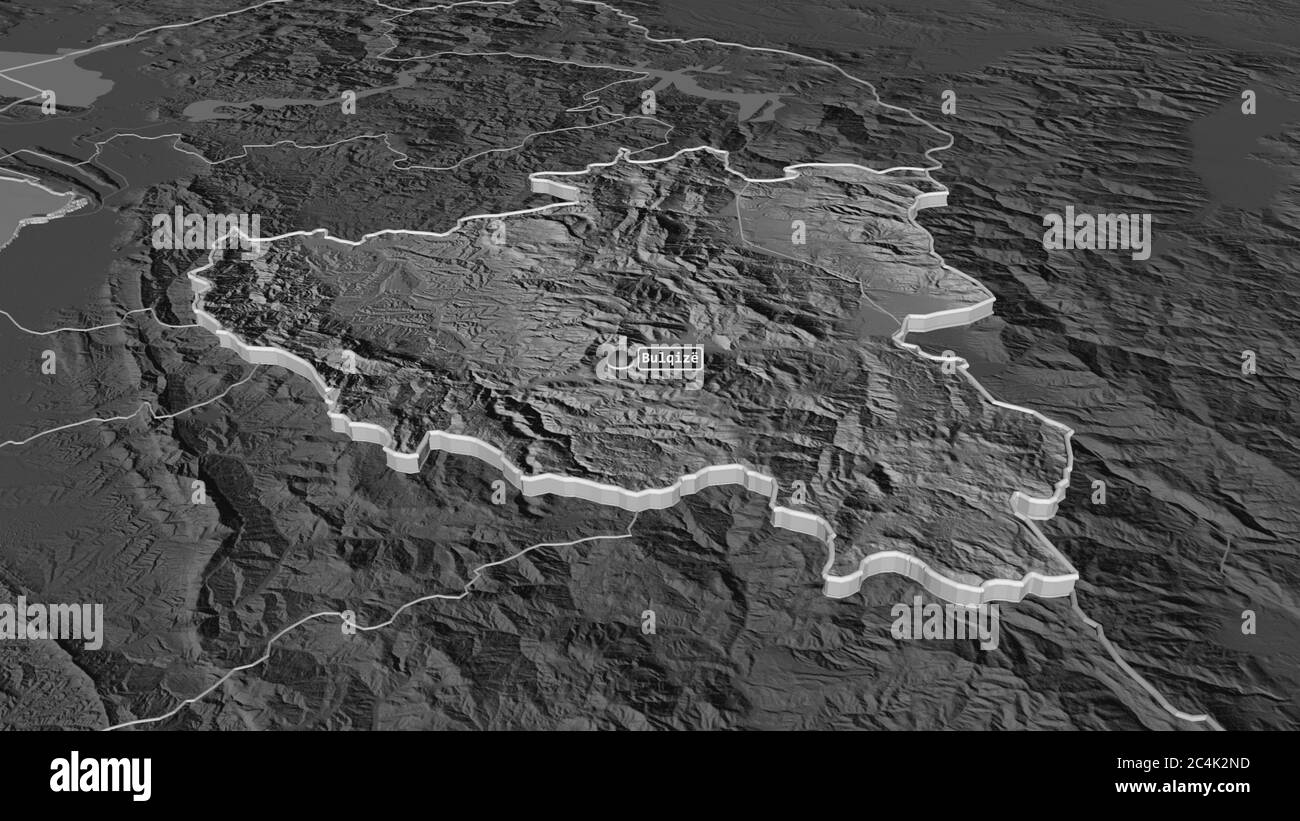Zoom in on Dibër (county of Albania) extruded. Oblique perspective ...