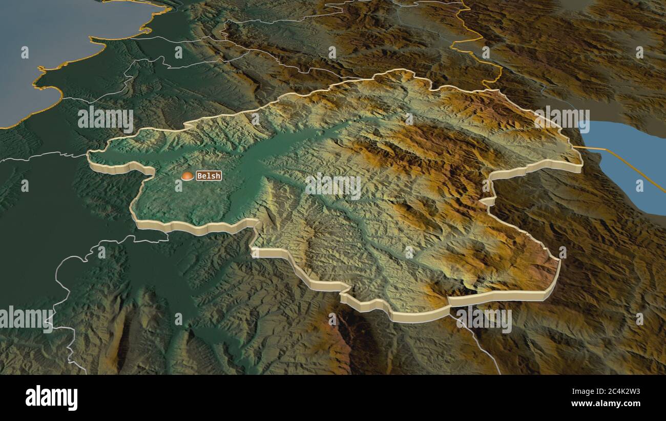 Zoom in on Elbasan (county of Albania) extruded. Oblique perspective ...