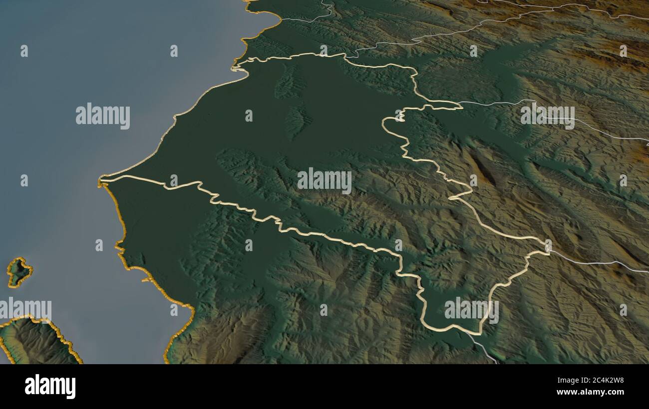Zoom in on Fier (county of Albania) outlined. Oblique perspective ...