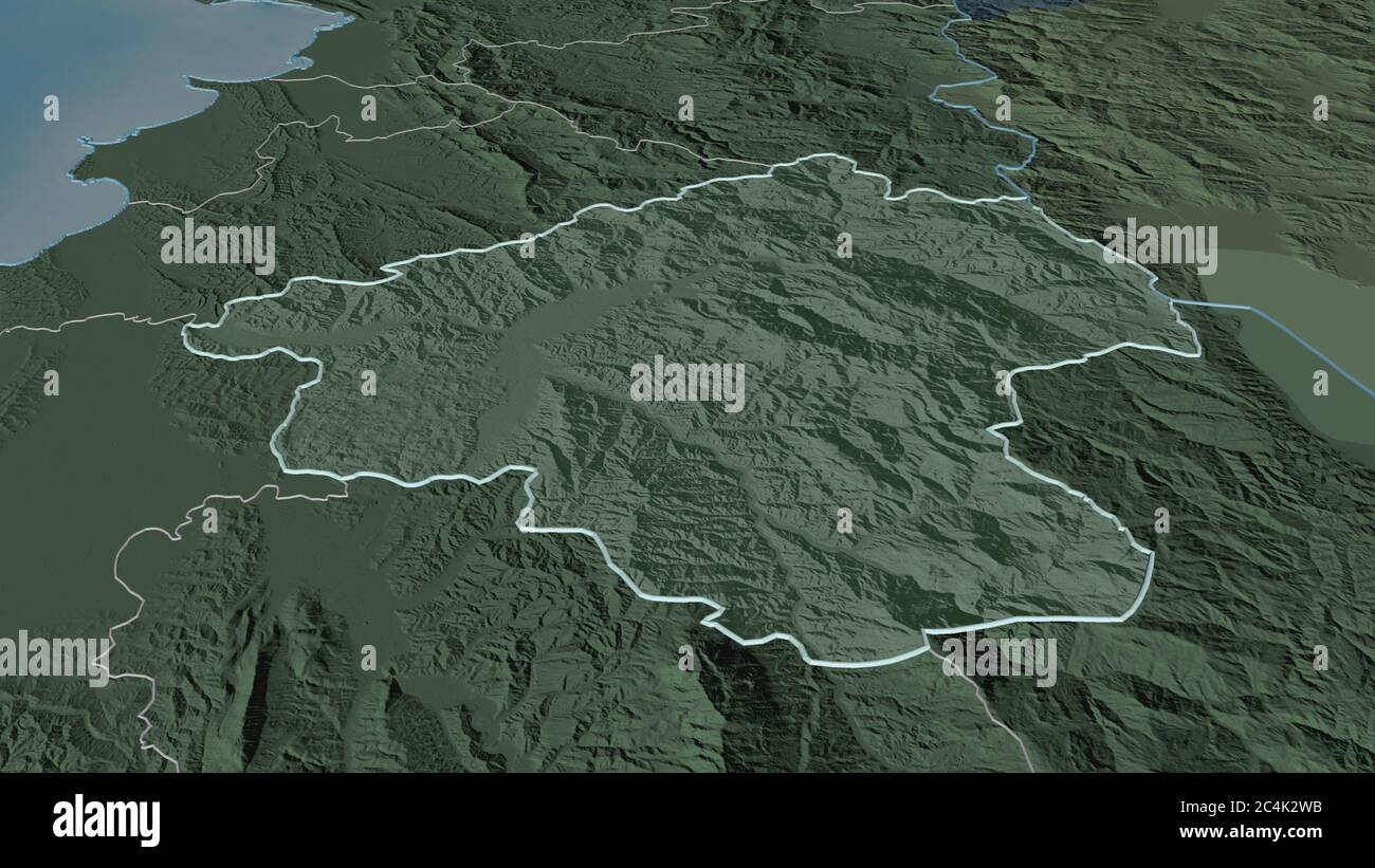 Zoom in on Elbasan (county of Albania) outlined. Oblique perspective ...