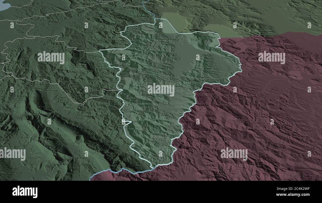 Zoom in on Korçë (county of Albania) outlined. Oblique perspective ...