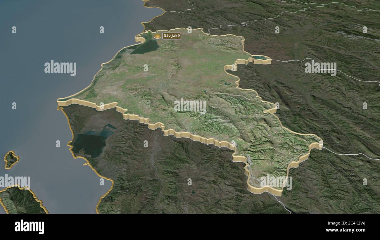 Zoom in on Fier (county of Albania) extruded. Oblique perspective ...