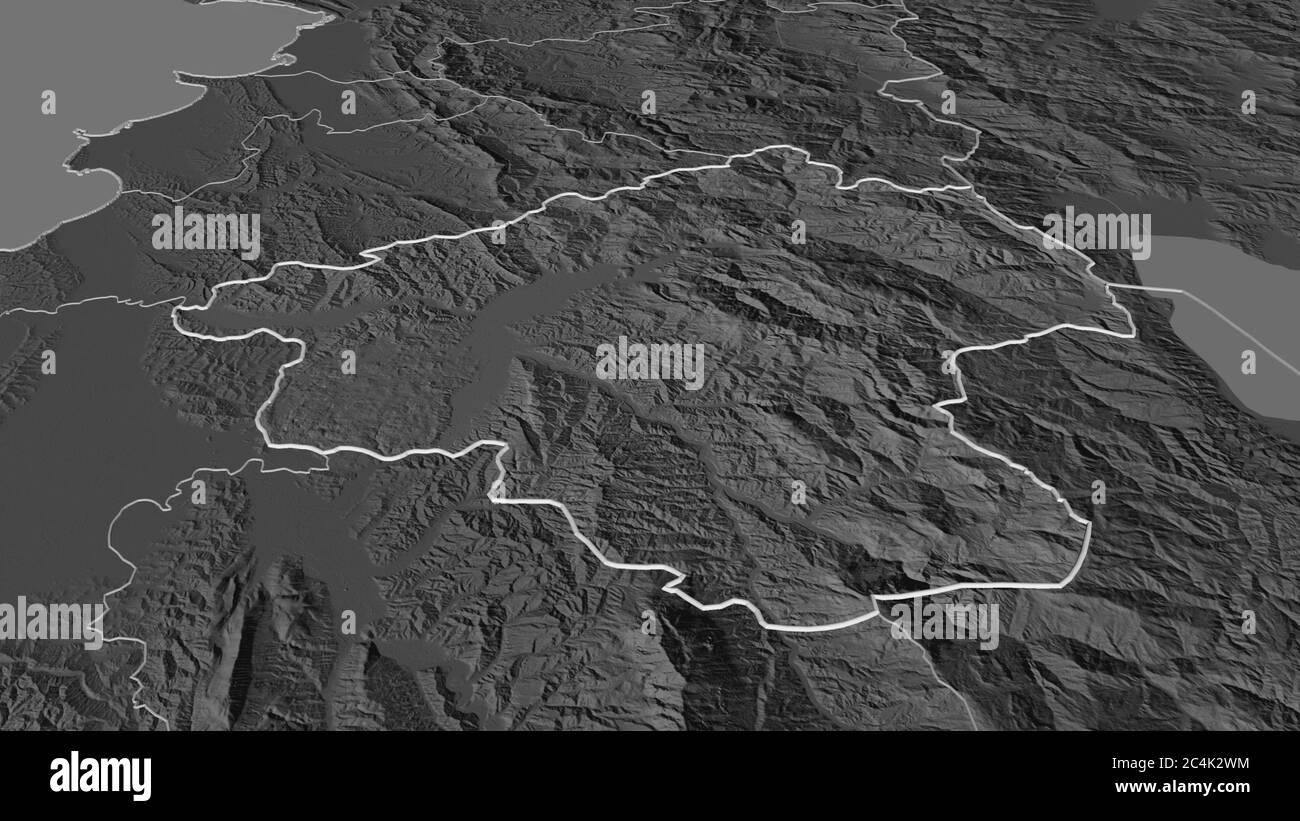 Zoom in on Elbasan (county of Albania) outlined. Oblique perspective ...