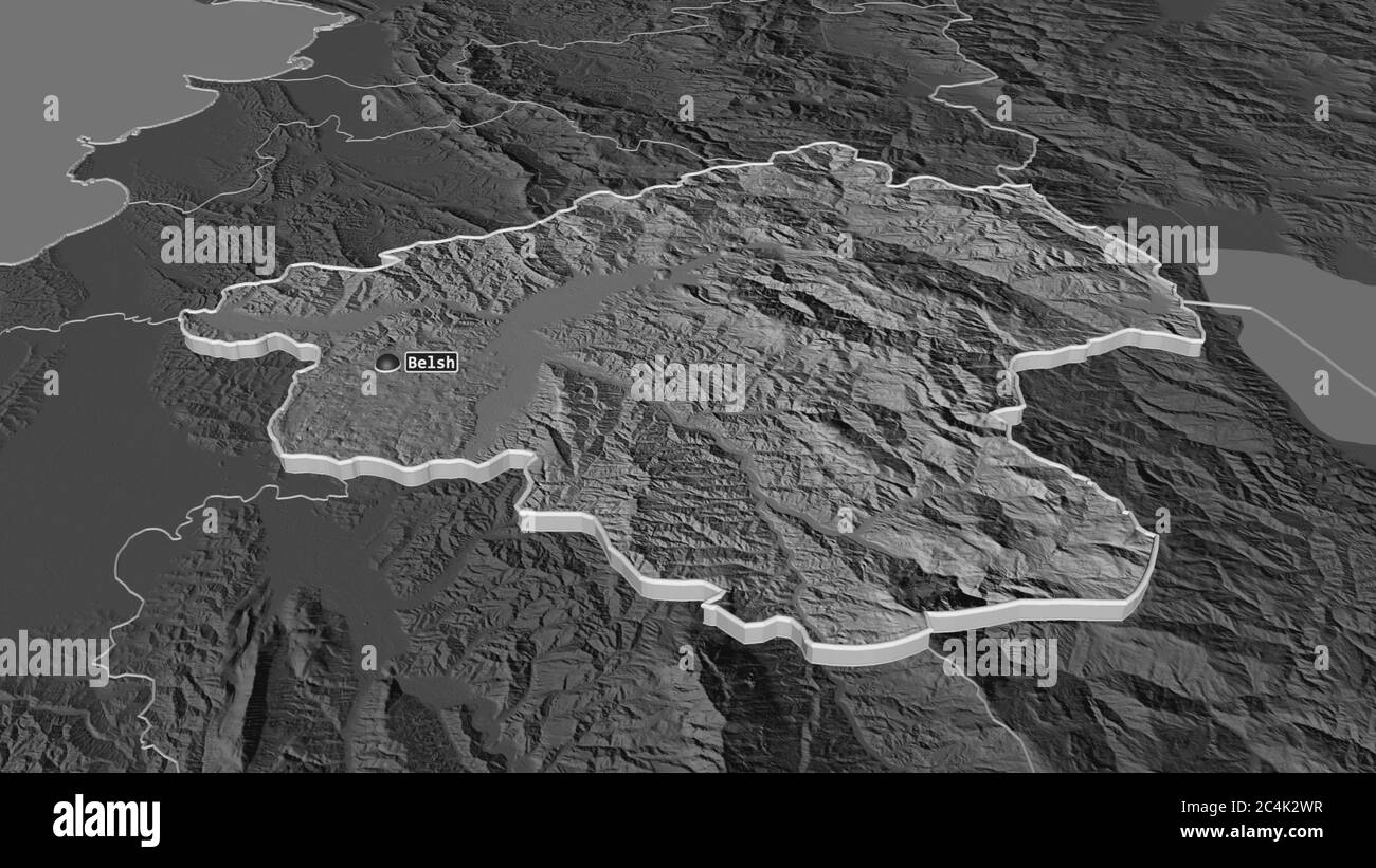 Zoom in on Elbasan (county of Albania) extruded. Oblique perspective ...
