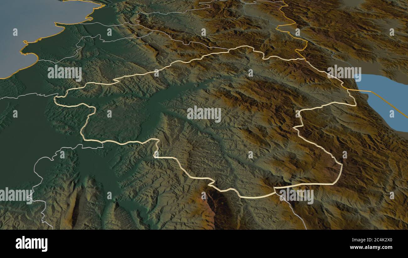 Zoom in on Elbasan (county of Albania) outlined. Oblique perspective ...