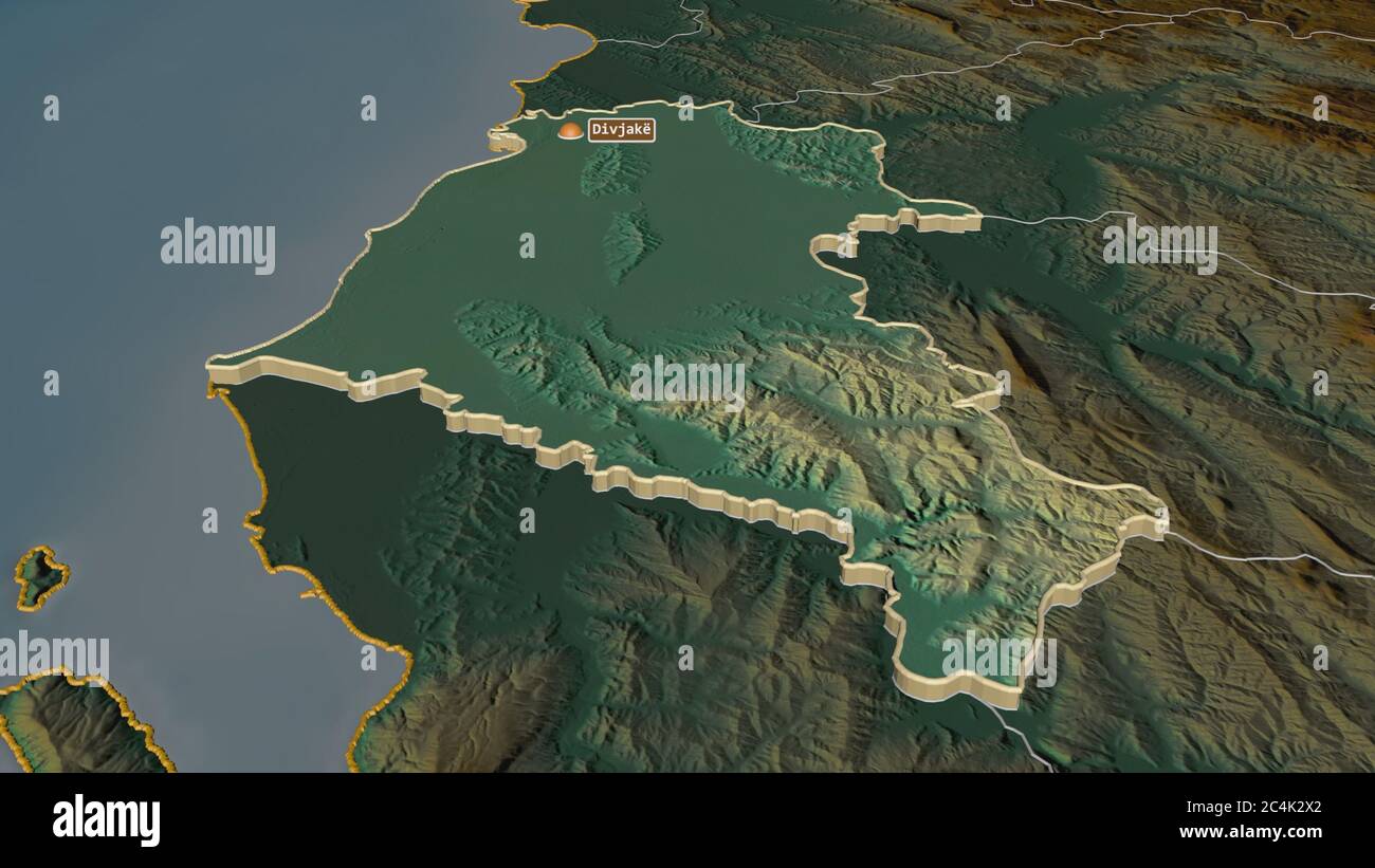 Zoom in on Fier (county of Albania) extruded. Oblique perspective ...
