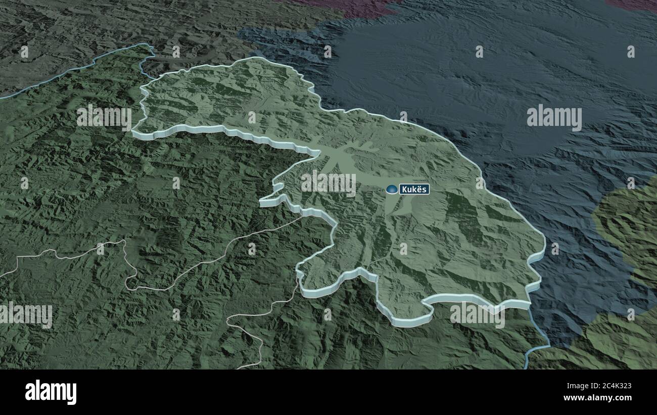 Zoom in on Kukës (county of Albania) extruded. Oblique perspective ...
