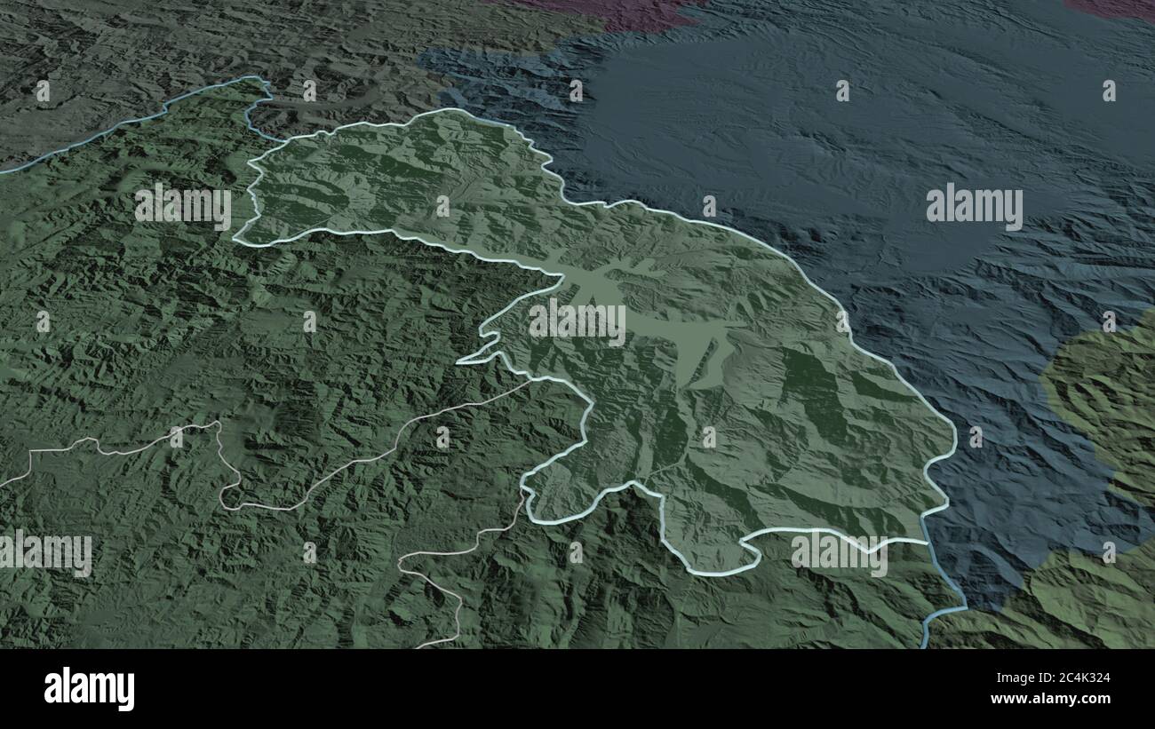 Zoom in on Kukës (county of Albania) outlined. Oblique perspective ...