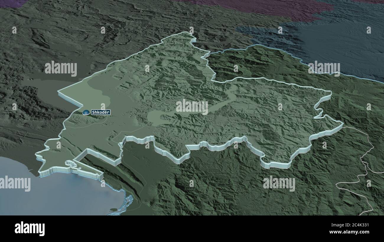 Zoom in on Shkodër (county of Albania) extruded. Oblique perspective ...