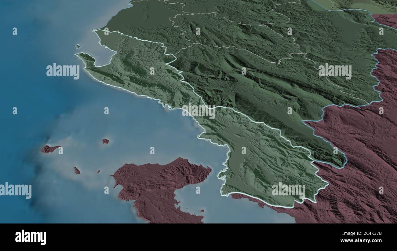 Zoom in on Vlorë (county of Albania) outlined. Oblique perspective ...