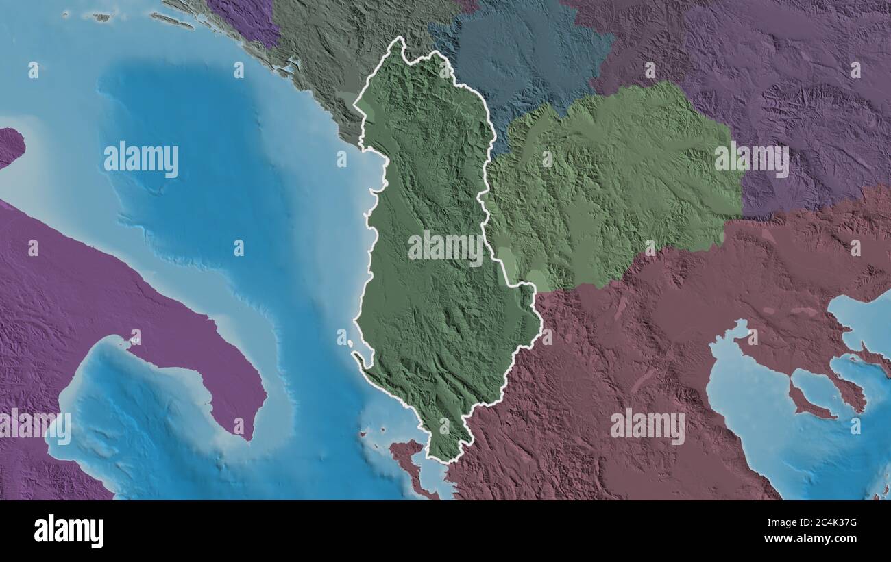 Outlined shape of the Albania area. Colored and bumped map of the ...