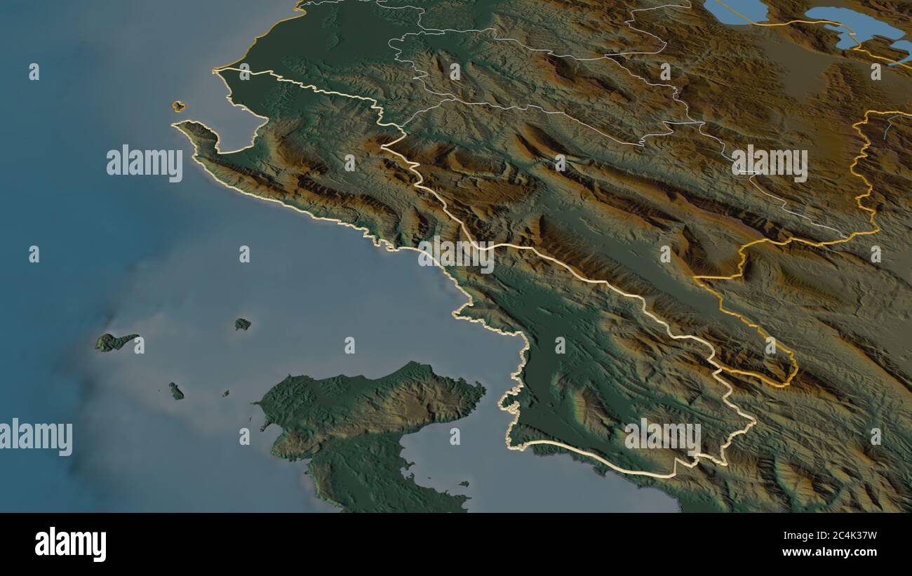 Zoom in on Vlorë (county of Albania) outlined. Oblique perspective ...
