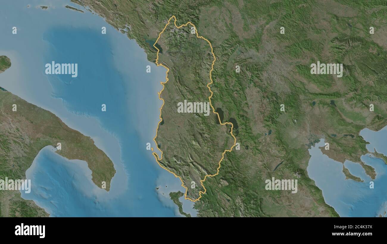 Outlined shape of the Albania area. Satellite imagery. 3D rendering ...