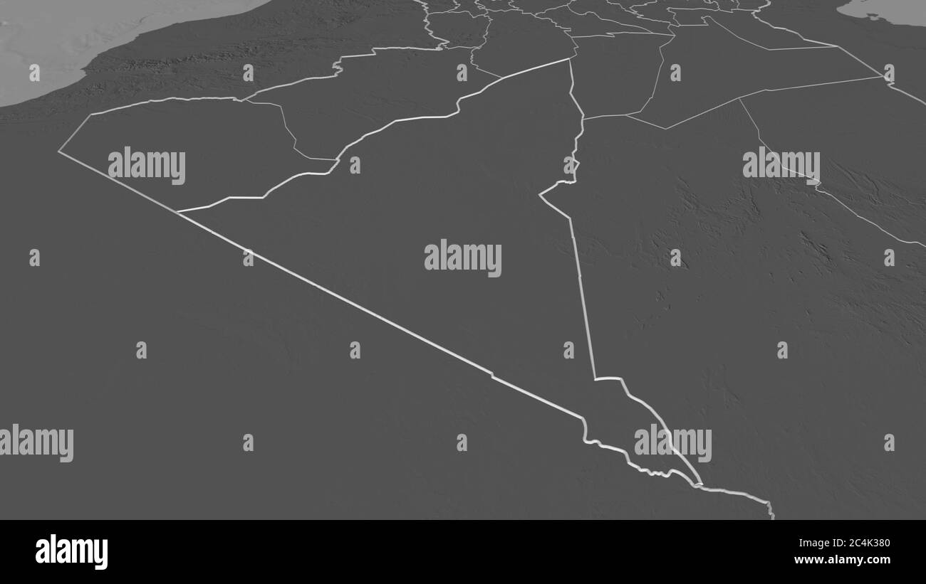 Zoom in on Adrar (province of Algeria) outlined. Oblique perspective ...