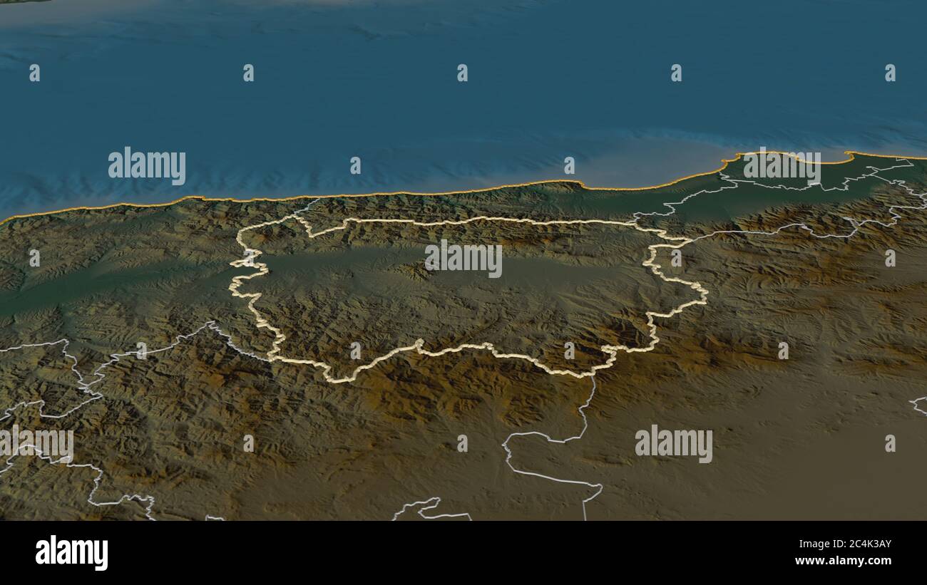 Zoom in on Aïn Defla (province of Algeria) outlined. Oblique ...