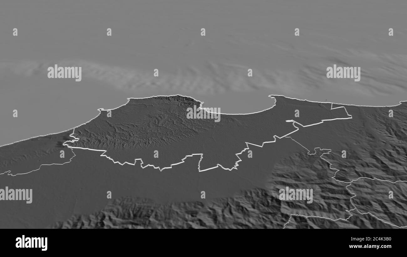 Zoom in on Alger (province of Algeria) outlined. Oblique perspective ...
