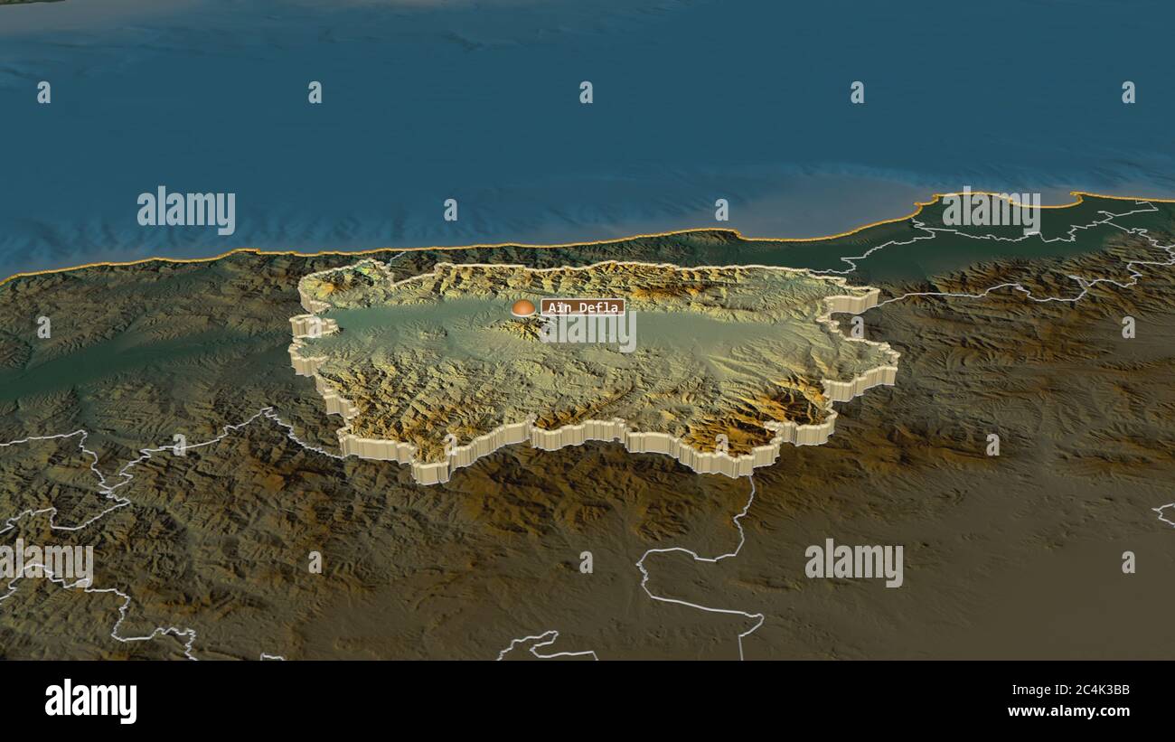 Zoom in on Aïn Defla (province of Algeria) extruded. Oblique ...