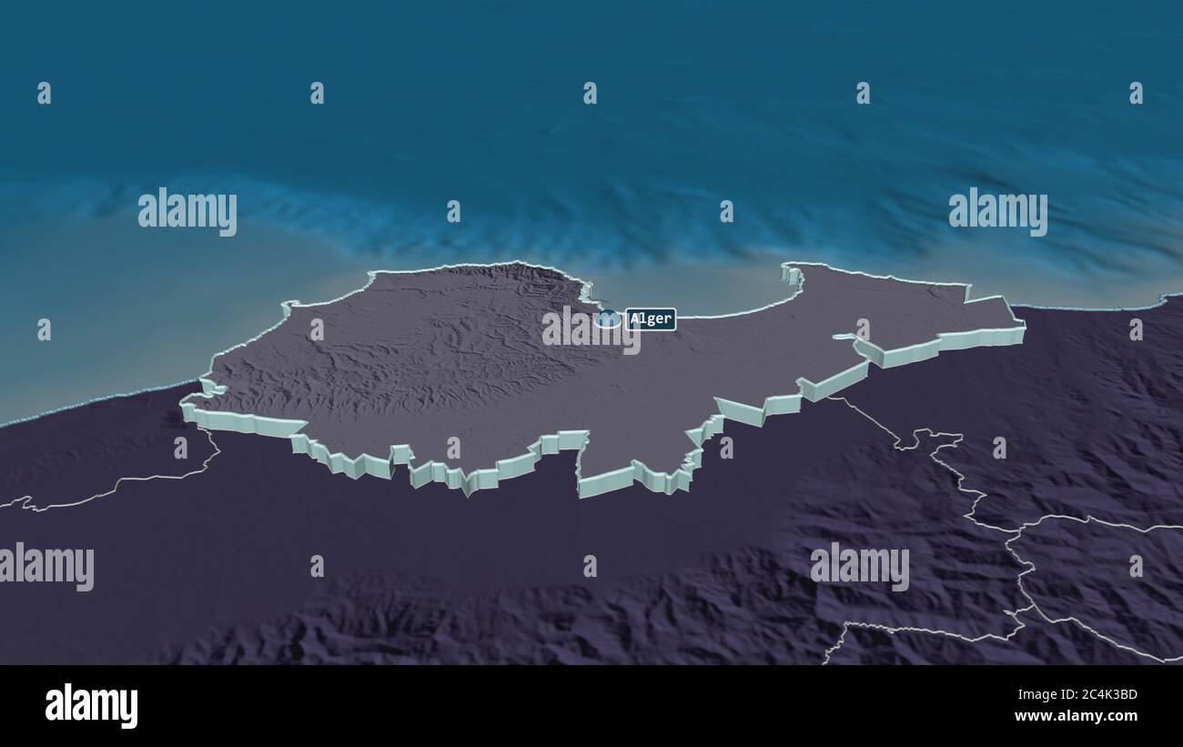Zoom in on Alger (province of Algeria) extruded. Oblique perspective ...