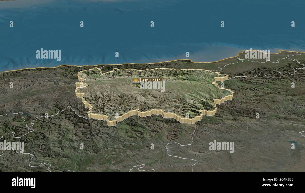 Zoom in on Aïn Defla (province of Algeria) extruded. Oblique ...