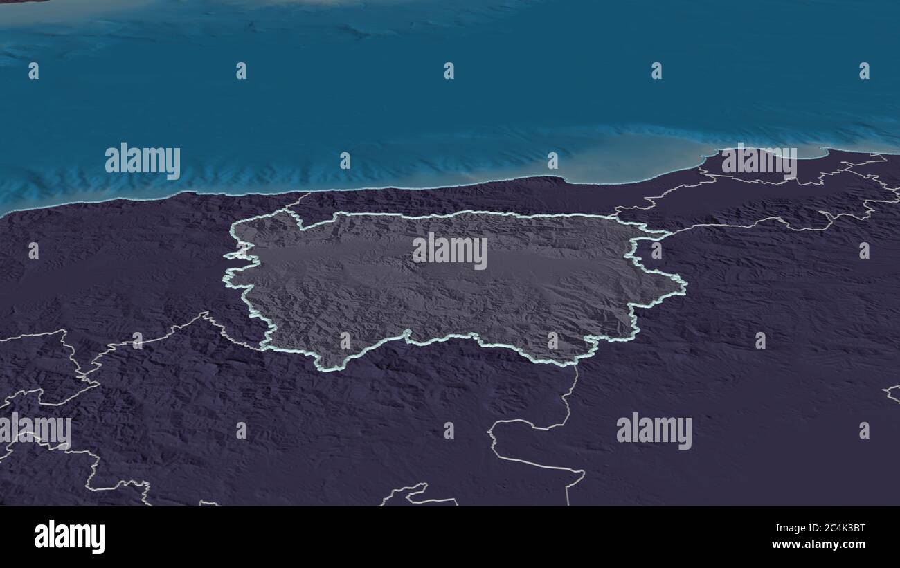 Zoom in on Aïn Defla (province of Algeria) outlined. Oblique ...