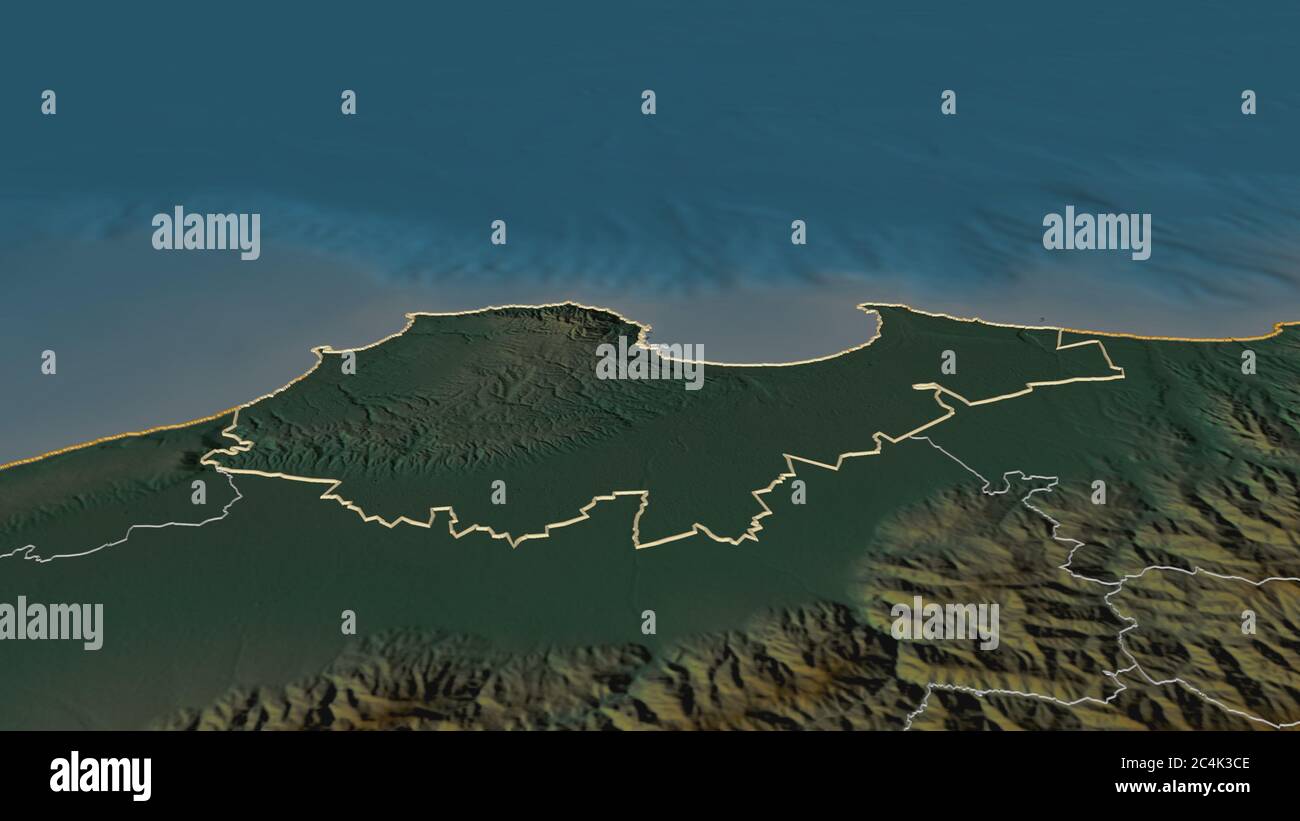 Zoom in on Alger (province of Algeria) outlined. Oblique perspective ...