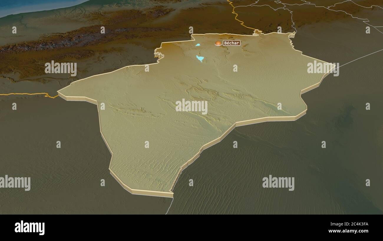 Zoom in on Béchar (province of Algeria) extruded. Oblique perspective ...