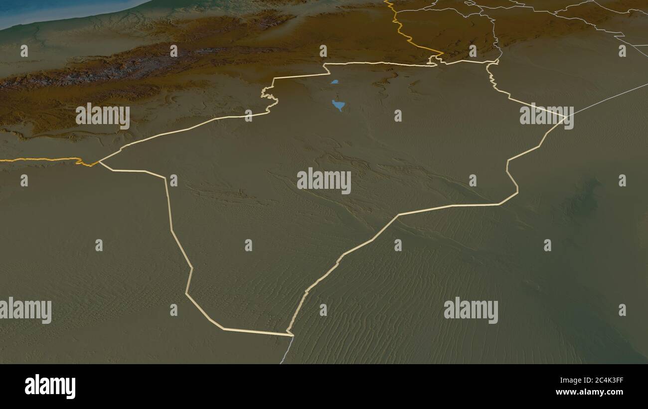 Zoom in on Béchar (province of Algeria) outlined. Oblique perspective ...