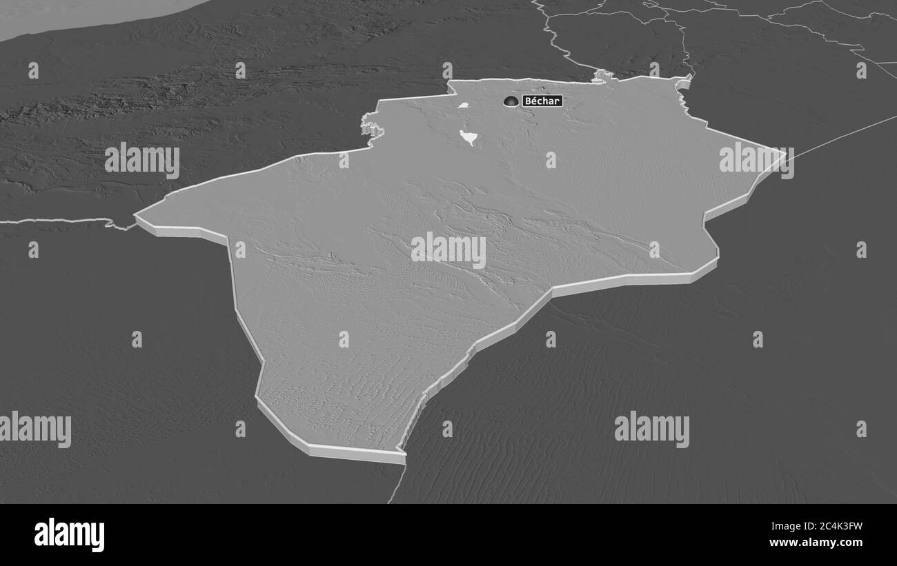 Zoom in on Béchar (province of Algeria) extruded. Oblique perspective ...