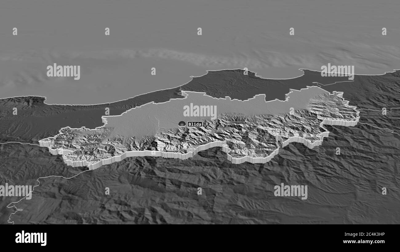 Zoom in on Blida (province of Algeria) extruded. Oblique perspective ...
