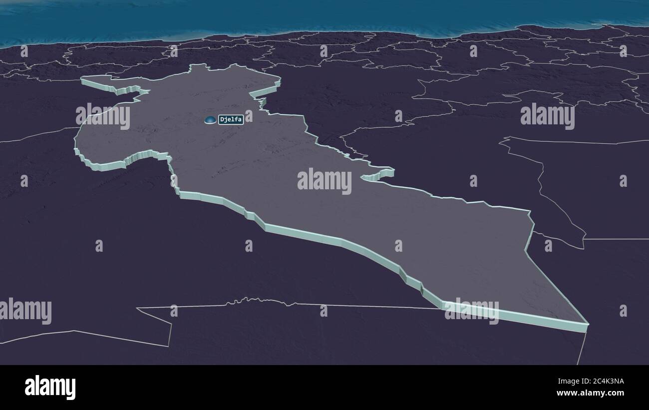 Zoom in on Djelfa (province of Algeria) extruded. Oblique perspective ...