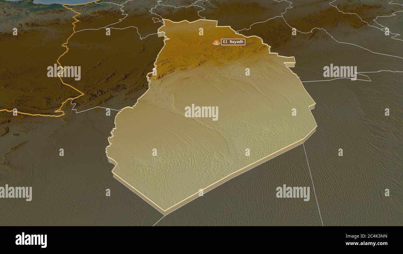 Zoom in on El Bayadh (province of Algeria) extruded. Oblique ...