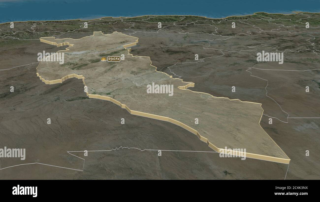 Zoom in on Djelfa (province of Algeria) extruded. Oblique perspective ...