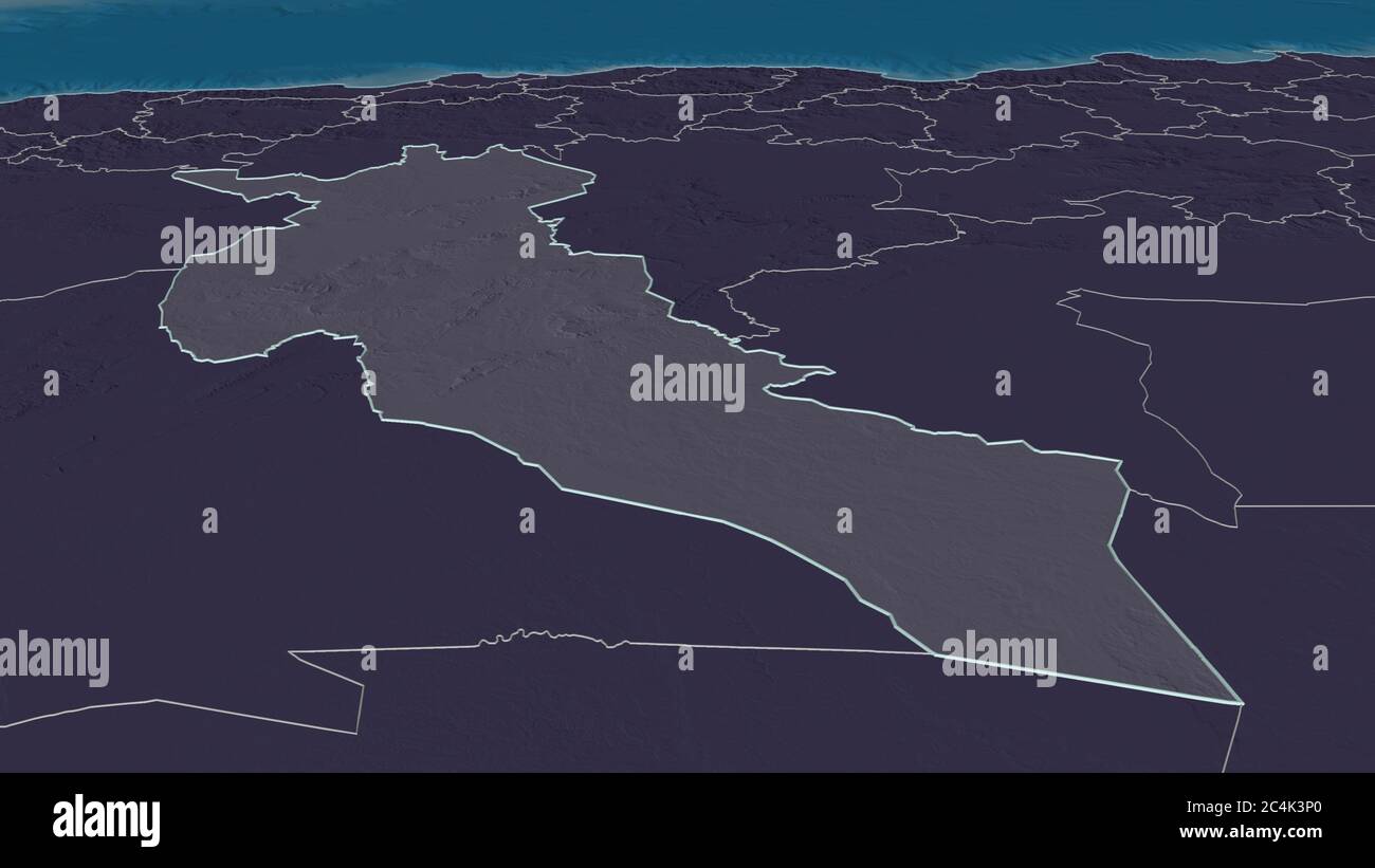 Zoom in on Djelfa (province of Algeria) outlined. Oblique perspective ...
