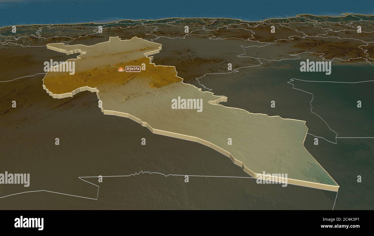 Zoom in on Djelfa (province of Algeria) extruded. Oblique perspective ...